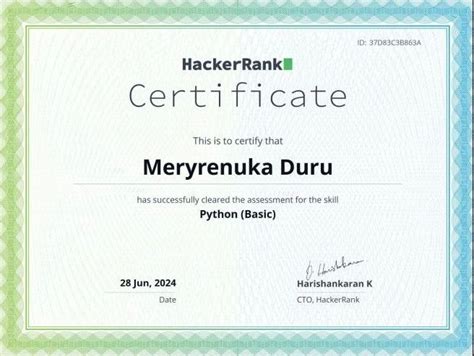 Mery Renuka Duru On Linkedin Hackerrank Python Certification