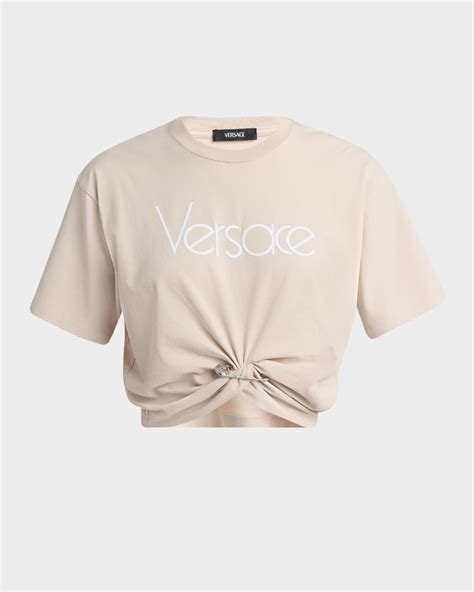 Versace Logo Twist Safety Pin Crop T Shirt Neiman Marcus