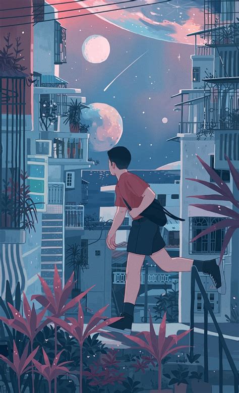 星球 居民楼 植物 奔跑 一觉睡到自然醒不过来插画创作习作黎白白南 原创作品