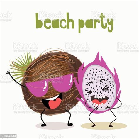 벡터 일러스트 레이 션 캐릭터 만화 피타야 피타하야 드래곤 과일과 안경에 즐거운 코코넛 여름 분위기 어린이 티셔츠 여름 무드를위한 디자인 해변 파티 비문 감정에 대한 스톡