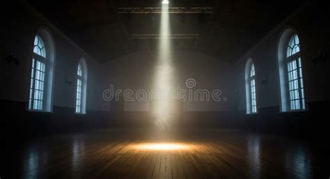 Empty Hall With Dramatic Spotlight Beam Illuminating Wooden Floor And