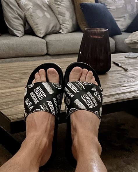 Myguyfeetpics Shows Off His Bare Size 11 5 Feet In And Out Of Adidas Slides Male Feet Blog