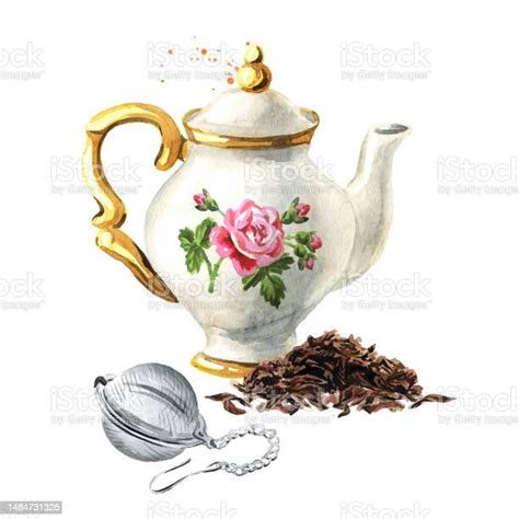 홍차 양조주 찻주전자 및 차 양조 체 손으로 그린 수채화 그림 흰색 배경에 격리 수채화에 대한 스톡 벡터 아트 및 기타 이미지