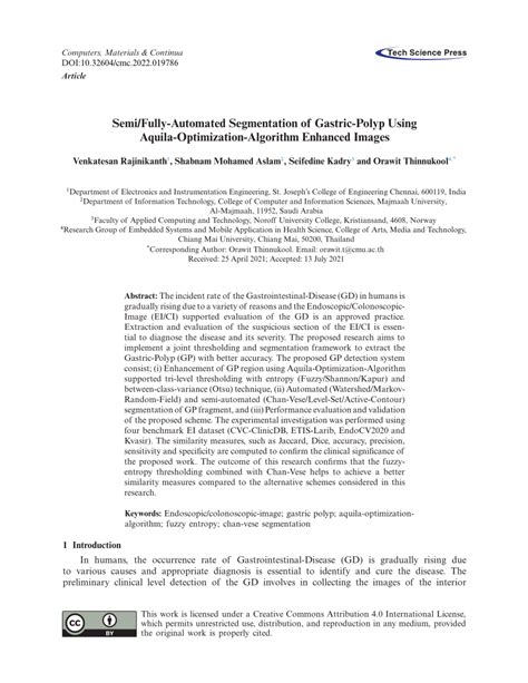 Pdf Semifully Automated Segmentation Of Gastric Polyp Using Aquila Optimization Algorithm