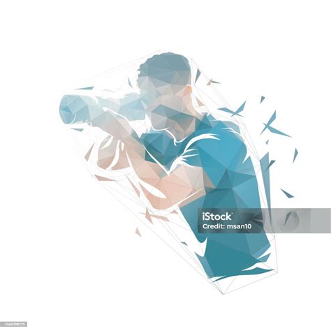 카메라를 가진 사진 작가 낮은 다각형 벡터 그림 남자는 사진 삼각형에서 고립 된 기하학적 벡터 드로잉 측면보기를 찍는다 로우 폴리곤 모델링에 대한 스톡 벡터 아트 및 기타