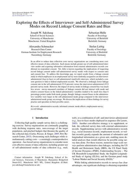 Pdf Exploring The Effects Of Interviewer And Self Administered Survey Modes On Record Linkage