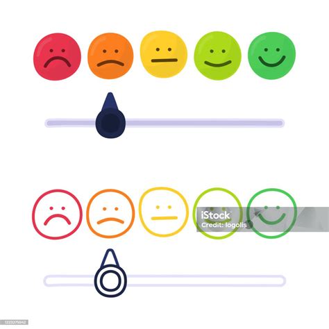 손 그리기 스타일로 다양한 감정을 나타내는 미소와 피드백 또는 평가 규모 고객의 검토 및 서비스 또는 좋은 평가 낙서 스타일의 다채로운 벡터 일러스트레이션 감정에 대한 스톡