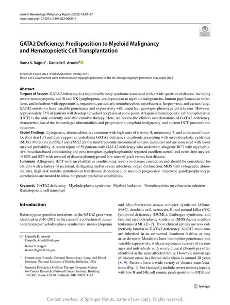Gata2 Deficiency Predisposition To Myeloid Malignancy And Hematopoietic Cell Transplantation