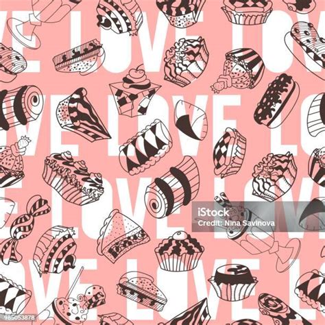 화려하 고 귀여운 손 그려진된 달콤한 사탕 도넛과 쿠키 원활한 패턴 벡터 개체 그룹에 대한 스톡 벡터 아트 및 기타 이미지 개체 그룹 귀여운 달콤한 음식 Istock