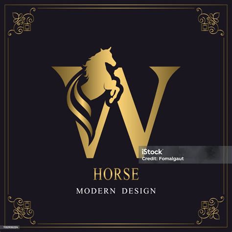 말이 있는 대문자 W 로얄 로고 왕 종 마 점프 경주 마 헤드 프로 파일 테두리가 있는 검정색 배경에 골드 모노 그램 세련 된 그래픽 템플릿 디자인입니다 문신 벡터 일러스트