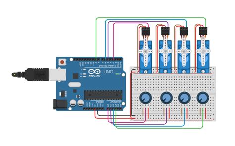 Circuit Design Brazo Robótico Controlado Por 4 Potenciómetros Tinkercad