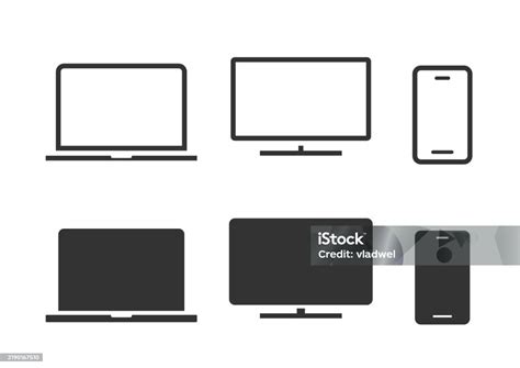 노트북 컴퓨터 휴대 전화 및 데스크탑 Pc 화면 아이콘 벡터 간단한 그래픽 일러스트 레이 션 세트 실선 검은 선 스트로크 개요 예술 모바일 휴대폰 스마트 폰 빈 빈 프레임
