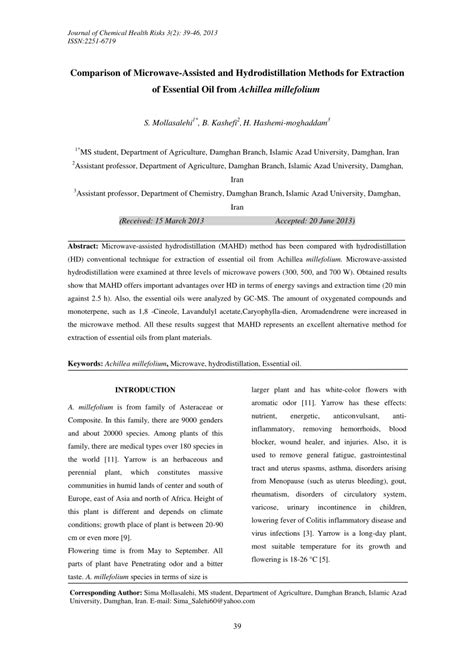 Pdf Comparison Of Microwave Assisted And Hydrodistillation Methods For Extraction Of Essential