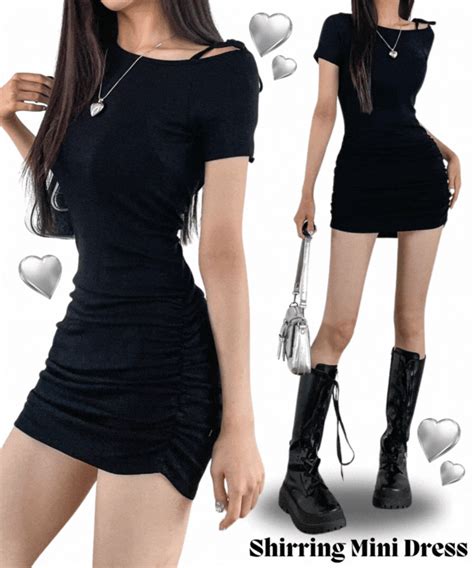 2개 구매시 할인 [셔링포인트 꾸안꾸] 몸매보정 셔링 리본 디테일 오프숄더 미니 원피스 에이블리