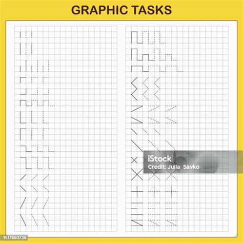 그래픽 받아쓰기 미취학 아동을위한 교육 게임 논리 및 운동 기술을 연습하기위한 워크 시트 어린이를위한 게임 다른 개체와 요소가 있는 그래픽 작업입니다 벡터 일러스트 레이 션