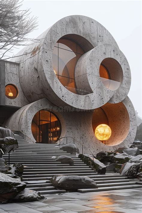 Ai Generated Illustration Of A Modern Building Featuring Large Circular Concrete Openings On