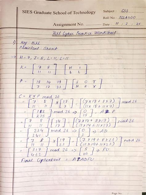 122a1100 Hill Cipher Practice Assg Pdf