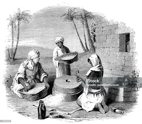 이스라엘 자파의 맷돌에서 밀을 갈고 있는 사람들 오스만 제국 19세기 19세기에 대한 스톡 벡터 아트 및 기타 이미지 19세기 19세기 스타일 3 명 Istock