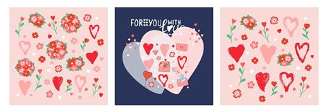 하트 꽃 봉투 풍선 텍스트가 있는 발렌타인 데이 초대장 세트 사랑의 상징입니다 마커와 브러시 하트 화려한 낭만적 인 컬렉션입니다 발렌타인 낙서 벡터 일러스트 레이 션
