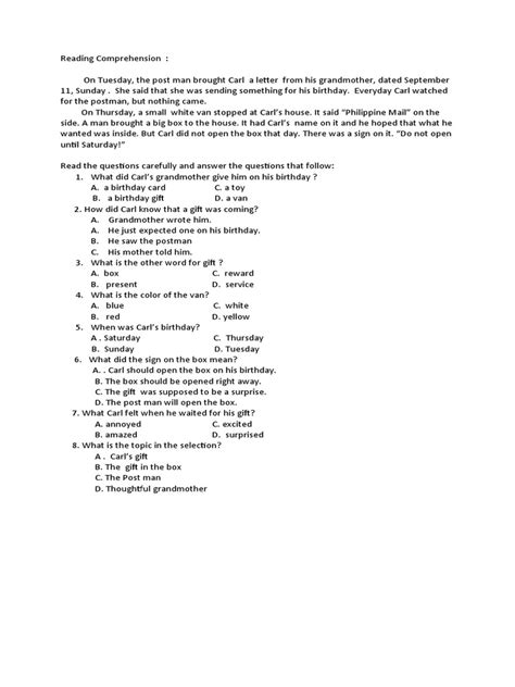 Reading Comprehension Questionnaire Pdf