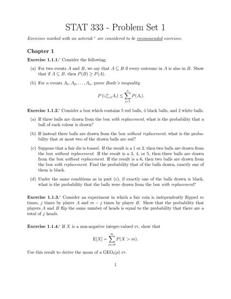 Problem Set 1 Practice Stat 333 Problem Set 1 Exercises Marked With An Asterisk ∗ Are