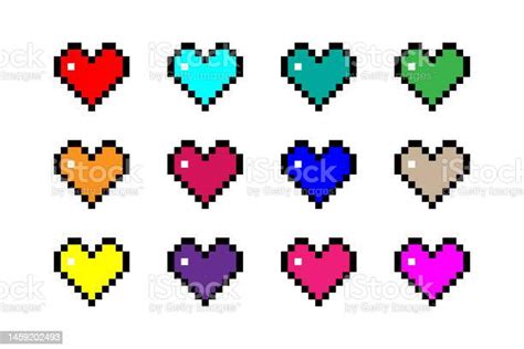 여러 가지 빛깔의 픽셀 심장 아이콘의 집합입니다 컬러 실루엣 정면도 편집 가능한 픽셀 벡터 간단한 평면 그래픽 그림입니다 흰색 배경에 격리된 개체입니다 격리 다중 색상에