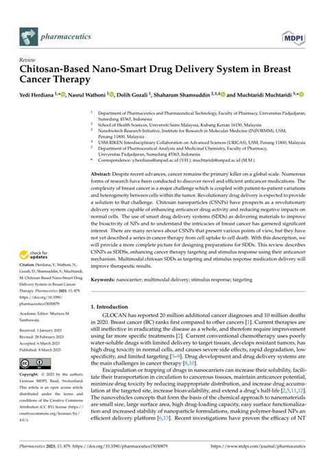Pdf Chitosan Based Nano Smart Drug Delivery System In Breast Cancer