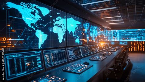 Futuristic Command Center Monitoring Worldwide Operations Multiple Large Screens Showing