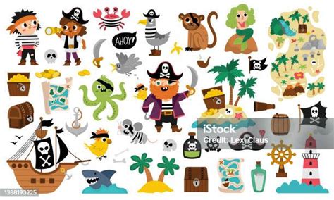 벡터 해적 세트입니다 귀여운 바다 모험 아이콘 컬렉션 선박 선장 선원 가슴 지도 앵무새 원숭이 지도와 보물 섬 그림 아이들을위한 재미있는 해적 파티 요소 해적에 대한 스톡