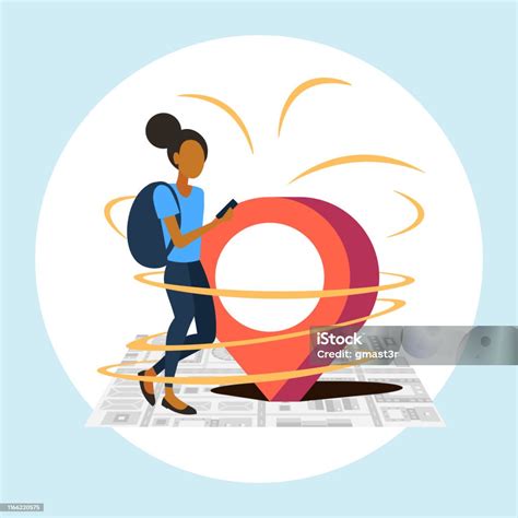 건물과 거리 여행 개념 평면 전체 길이와 도시 도시 상단 각도보기지도에 위치 마커 Gps 위치와 모바일 네비게이션 응용 프로그램을 사용하여 여자 방향에 대한 스톡 벡터 아트