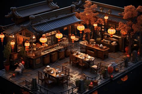 等距迷你古镇餐厅中国风建筑3D插画图片下载 正版图片402500705 摄图网