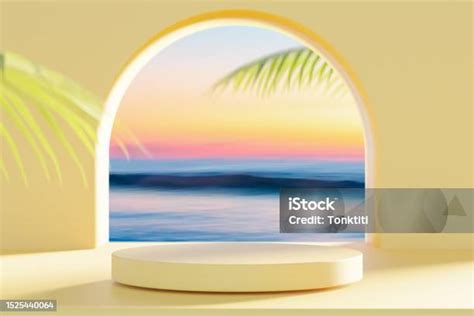 팜 비치와 일몰 하늘 추상적인 배경에 제품 전시 프리젠테이션을 위한 복사 공간이 있는 3d 연단 열대 여름과 휴가 개념 그래픽