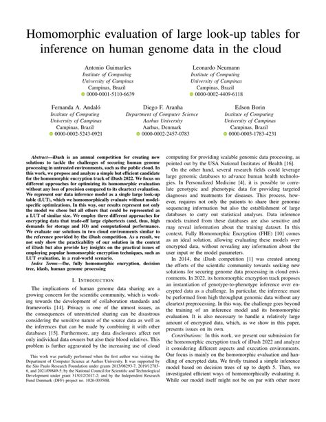 Pdf Homomorphic Evaluation Of Large Look Up Tables For Inference On Human Genome Data In The Cloud