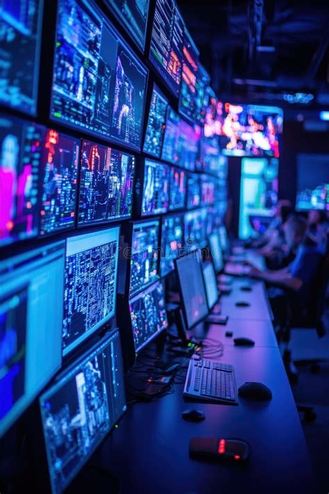 A Futuristic Control Room With Multiple Screens Displaying Data Streams Stock Illustration