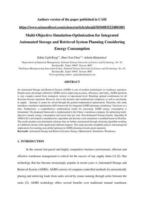 Pdf Multi Objective Simulation Optimization For Integrated Automated Storage And Retrieval