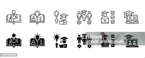 비즈니스 교육 아이콘 세트입니다 직원 코칭 아이콘 학사 훈련 멘토링 자격 학습 학습 비용 전문적 교육받은 근로자의 상징이 포함되어 있습니다 벡터 일러스트 레이 션 강사에