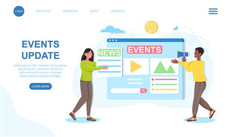 남성과 여성 캐릭터가 뉴스 이벤트를 함께 업데이트하고 있습니다 개념에 대한 스톡 벡터 아트 및 기타 이미지 개념 광고