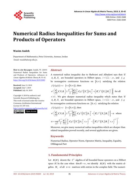 Pdf Numerical Radius Inequalities For Sums And Products Of Operators