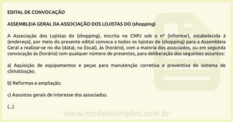 Modelo De Edital Para Assembleia Da Associação Dos Lojistas Do Shopping