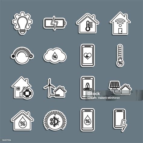세트 라인 모바일 충전 배터리 태양 전지 패널 습도 온도 온도 전구와 기어와 심박수 아이콘과 집 벡터 아이콘에 대한 스톡 벡터 아트 및 기타 이미지 Istock