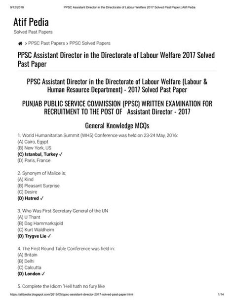Ppsc Assistant Director In The Directorate Of Labour Welfare 2017