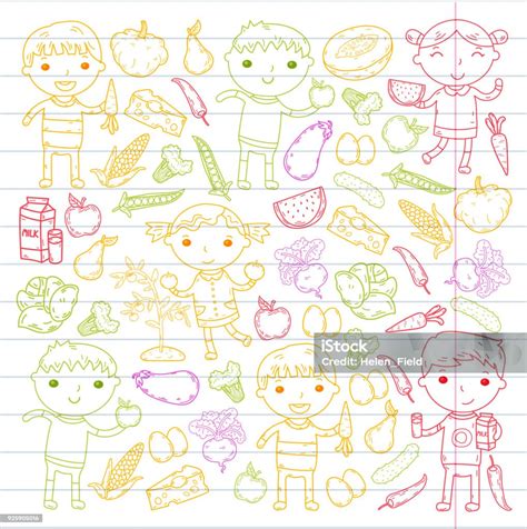 유치원 유치원 보육원 아이 들 건강 식품 남자와 여자를 야채와 과일을 먹는다 어린이 카페 메뉴 레스토랑입니다 비타민입니다 건강한 생활방식에 대한 스톡 벡터 아트 및 기타