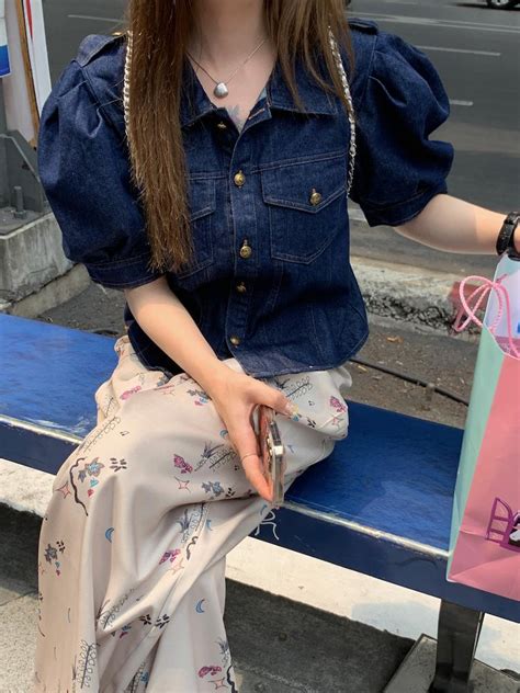 로파로카 무배 퍼프 페미닌 데님 크롭 숏 청 셔츠