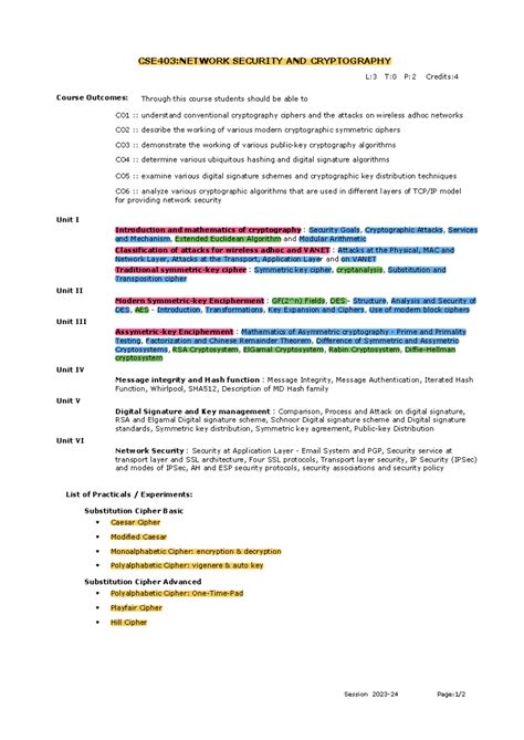 Cse403 Syllabus Cse403network Security And Cryptography Course Outcomes Co1 Understand