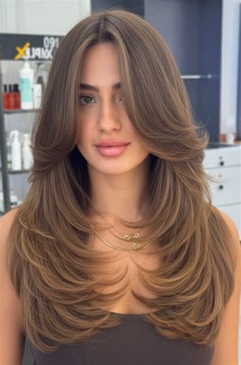Glossy Copper Long Layered Haircut With Curtain Bangs