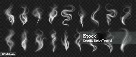 연기 효과 증발과 연소로 인한 공기 중의 현실적인 흔적 커피 컵 증기와 담배 또는 후카 증기 투명 배경 벡터 세트에 안개와 안개의 격리 된 컬렉션 촛불 조명 장비에 대한