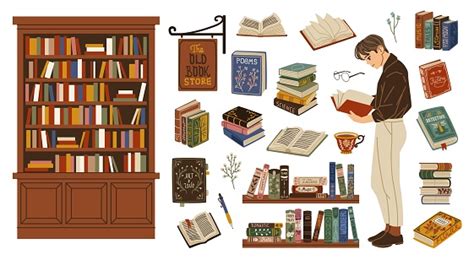 만화 책 책 애호가는 문학 볼륨 도서관의 남자 지식 얻기 자기 교육 서지 애호가 읽기 빈티지 책장 복고풍 상점 깔끔한 벡터 만화 평면 세트 책장에 대한 스톡 벡터 아트 및
