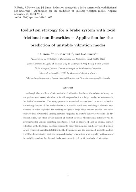 Pdf Reduction Strategy For A Brake System With Local Frictional Non