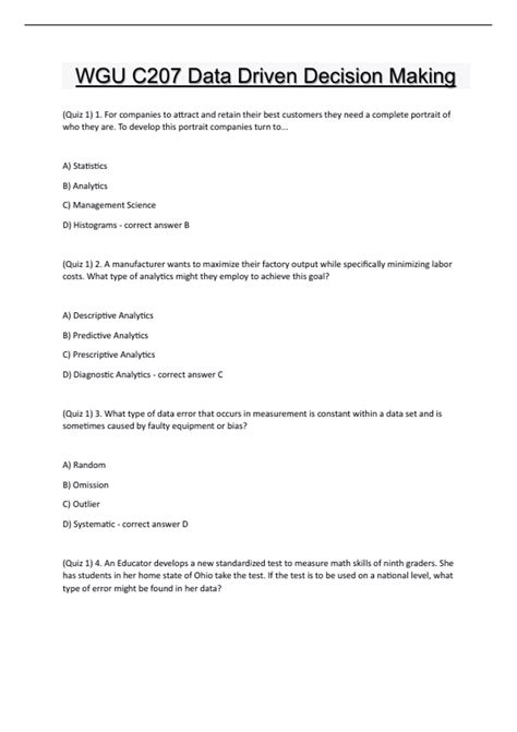WGU C Data Driven Decision Making Questions And Answers Latest Update C Stuvia US