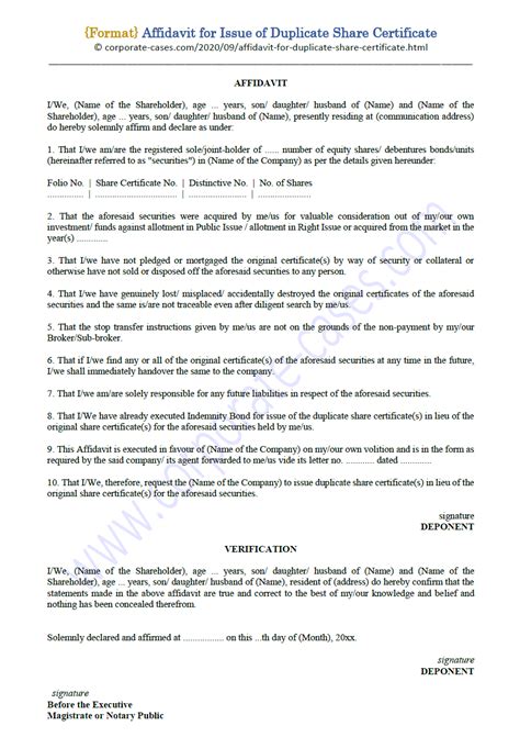 Affidavit For Issue Of Duplicate Share Certificate Format